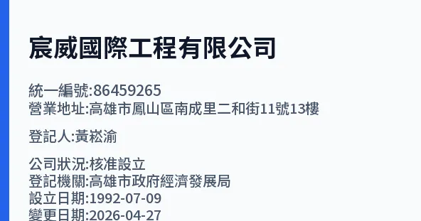 宸威國際工程有限公司的照片-統編 86459265(高雄市) 公司登記資料與營業項目詳細圖表
