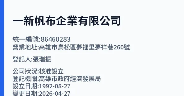 一新帆布企業有限公司的照片-統編 86460283(高雄市) 公司登記資料與營業項目詳細圖表