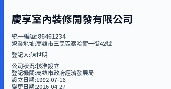 慶享室內裝修開發有限公司的照片-統編 86461234(高雄市) 公司登記資料與營業項目詳細圖表