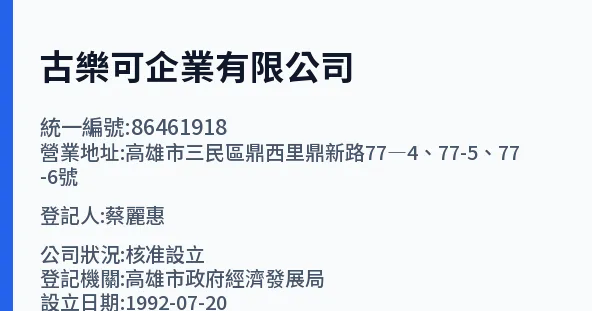 古樂可企業有限公司的照片-統編 86461918(高雄市) 公司登記資料與營業項目詳細圖表