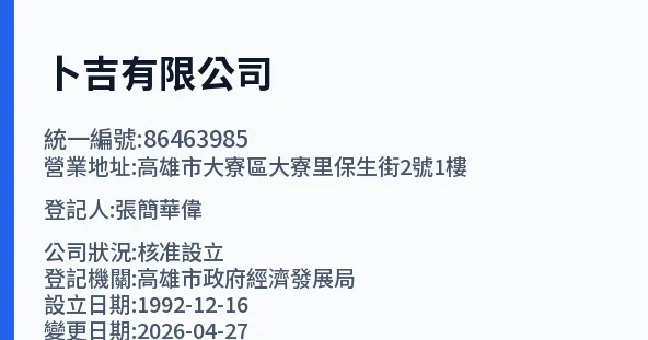 卜吉有限公司的照片-統編 86463985(高雄市) 公司登記資料與營業項目詳細圖表