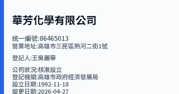 華芳化學有限公司的照片-統編 86465013(高雄市) 公司登記資料與營業項目詳細圖表