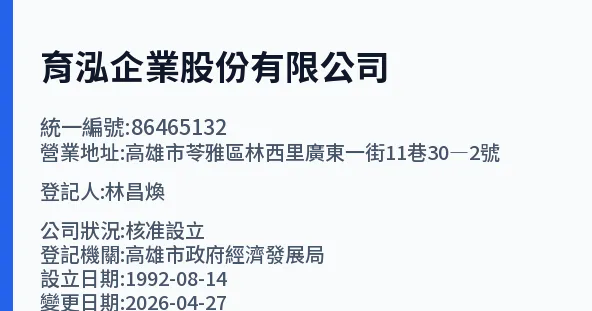 育泓企業股份有限公司的照片-統編 86465132(高雄市) 公司登記資料與營業項目詳細圖表