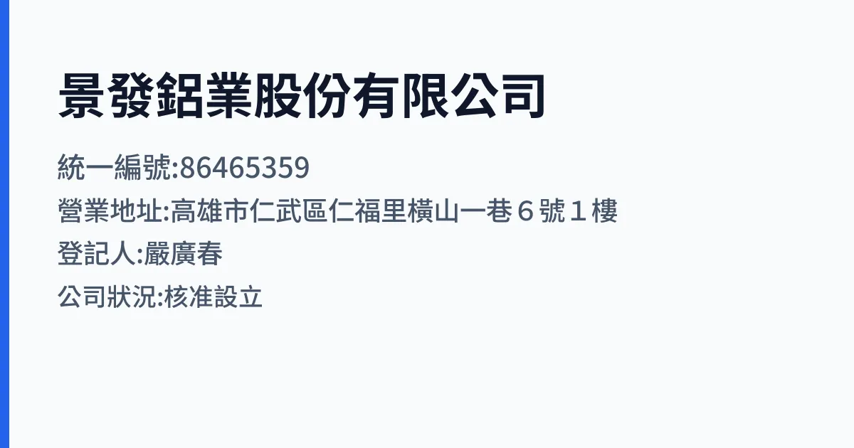 景發鋁業股份有限公司 - 統編 86465359(高雄市) 公司登記資料與營業項目詳細圖表
