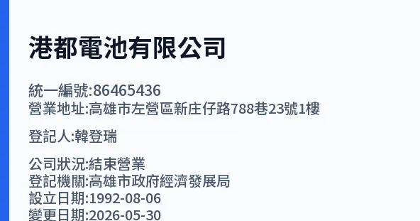 港都電池有限公司的照片-統編 86465436(高雄市) 公司登記資料與營業項目詳細圖表