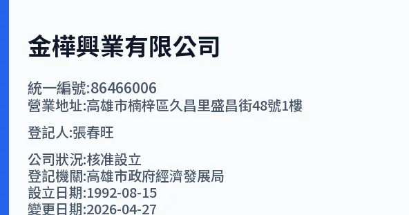 金樺興業有限公司的照片-統編 86466006(高雄市) 公司登記資料與營業項目詳細圖表
