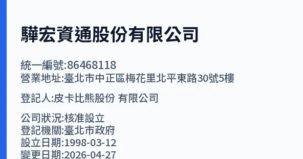 驊宏資通股份有限公司的照片-統編 86468118(臺北市) 公司登記資料與營業項目詳細圖表