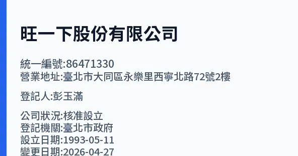 旺一下股份有限公司的照片-統編 86471330(臺北市) 公司登記資料與營業項目詳細圖表
