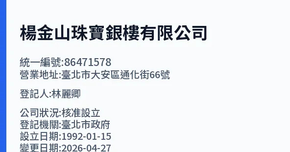 楊金山珠寶銀樓有限公司的照片-統編 86471578(臺北市) 公司登記資料與營業項目詳細圖表