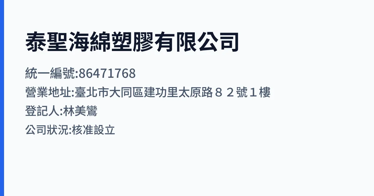 泰聖海綿塑膠有限公司 - 統編 86471768(臺北市) 公司登記資料與營業項目詳細圖表