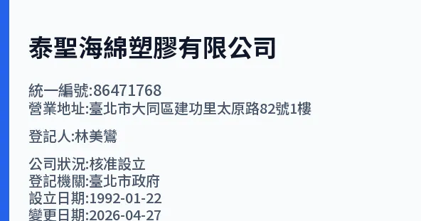 泰聖海綿塑膠有限公司的照片-統編 86471768(臺北市) 公司登記資料與營業項目詳細圖表