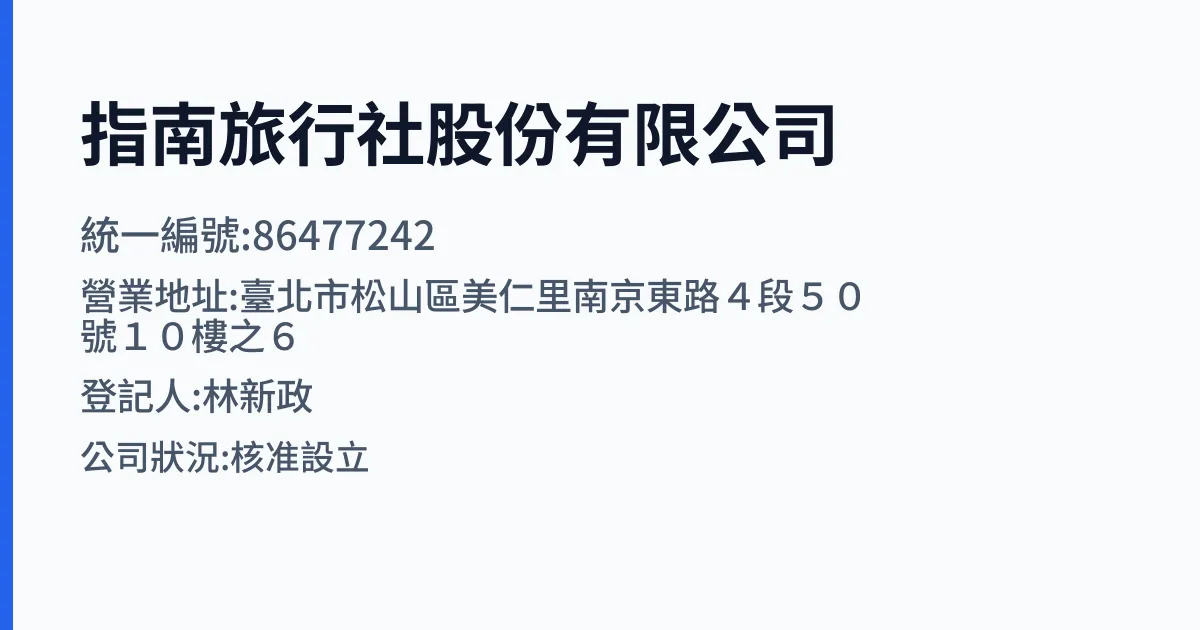 指南旅行社股份有限公司 - 統編 86477242(臺北市) 公司登記資料與營業項目詳細圖表