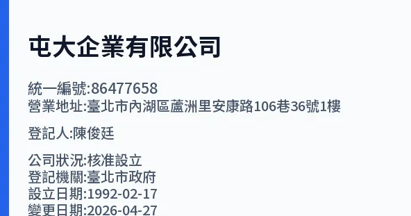 屯大企業有限公司的照片-統編 86477658(臺北市) 公司登記資料與營業項目詳細圖表