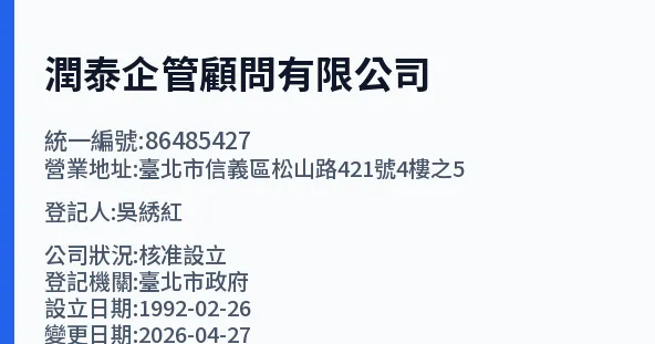 潤泰企管顧問有限公司的照片-統編 86485427(臺北市) 公司登記資料與營業項目詳細圖表