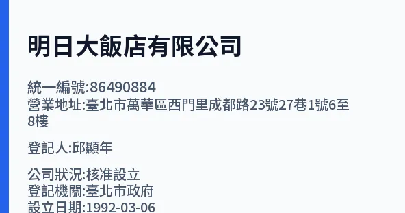 明日大飯店有限公司的照片-統編 86490884(臺北市) 公司登記資料與營業項目詳細圖表