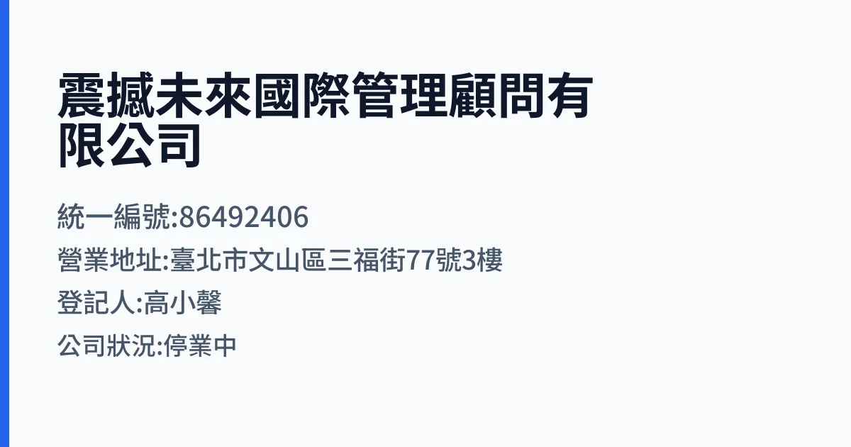 震撼未來國際管理顧問有限公司 - 統編 86492406（臺北市） 公司登記資料與營業項目詳細圖表