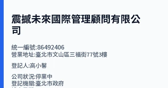 震撼未來國際管理顧問有限公司的照片-統編 86492406(臺北市) 公司登記資料與營業項目詳細圖表