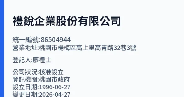 禮銳企業股份有限公司的照片-統編 86504944(桃園市) 公司登記資料與營業項目詳細圖表