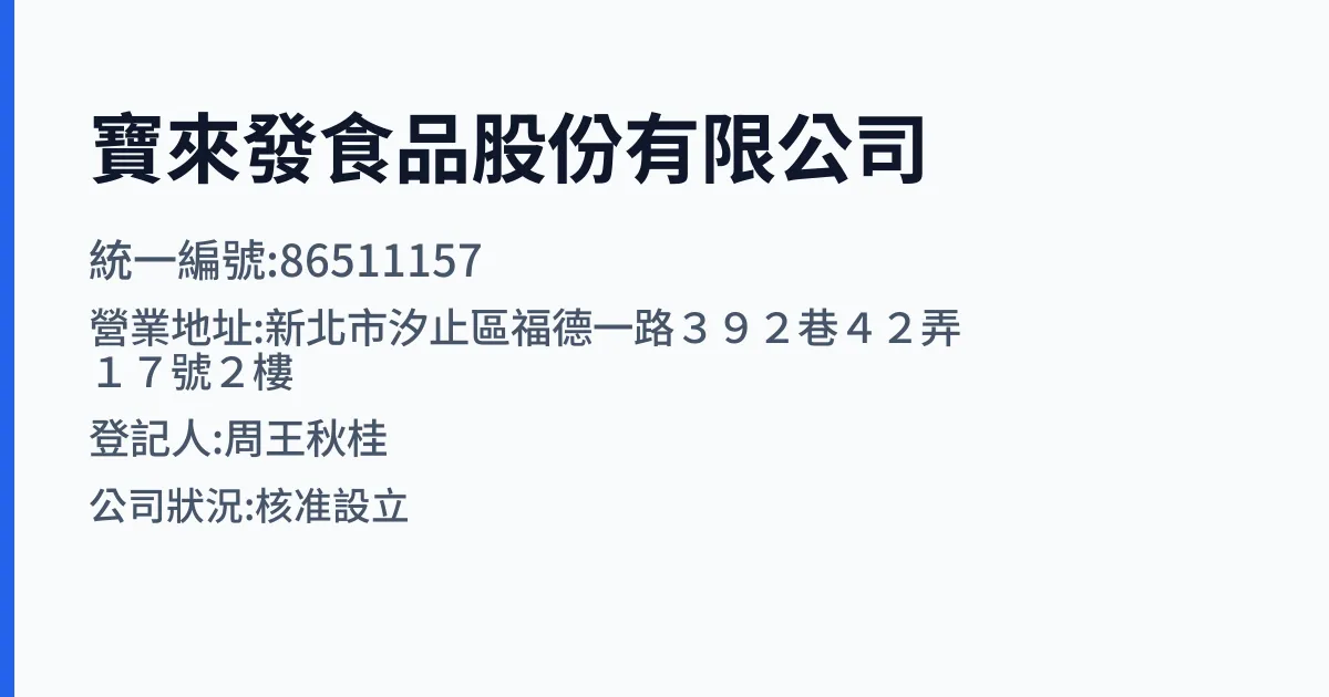 寶來發食品股份有限公司 - 統編 86511157(新北市) 公司登記資料與營業項目詳細圖表