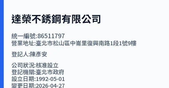 達榮不銹鋼有限公司的照片-統編 86511797(臺北市) 公司登記資料與營業項目詳細圖表