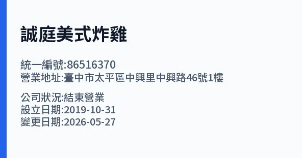 誠庭美式炸雞的照片-統編 86516370(臺中市) 公司登記資料與營業項目詳細圖表