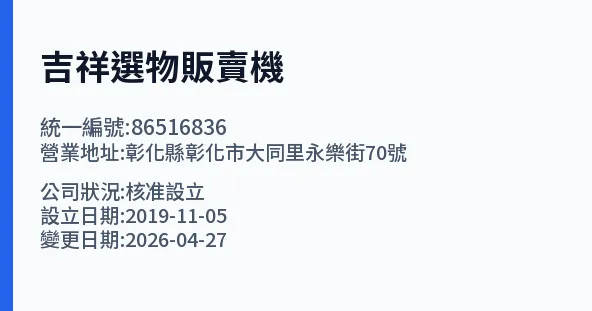 吉祥選物販賣機的照片-統編 86516836(彰化縣) 公司登記資料與營業項目詳細圖表