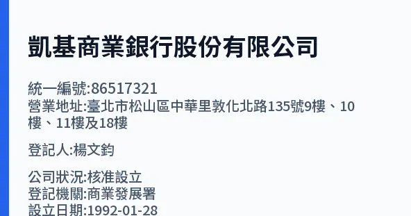 凱基商業銀行股份有限公司的照片-統編 86517321(臺北市) 公司登記資料與營業項目詳細圖表