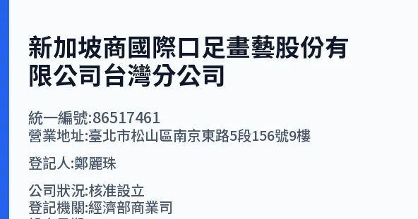 新加坡商國際口足畫藝股份有限公司台灣分公司的照片-統編 86517461(臺北市) 公司登記資料與營業項目詳細圖表