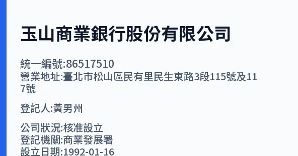 玉山商業銀行股份有限公司的照片-統編 86517510(臺北市) 公司登記資料與營業項目詳細圖表