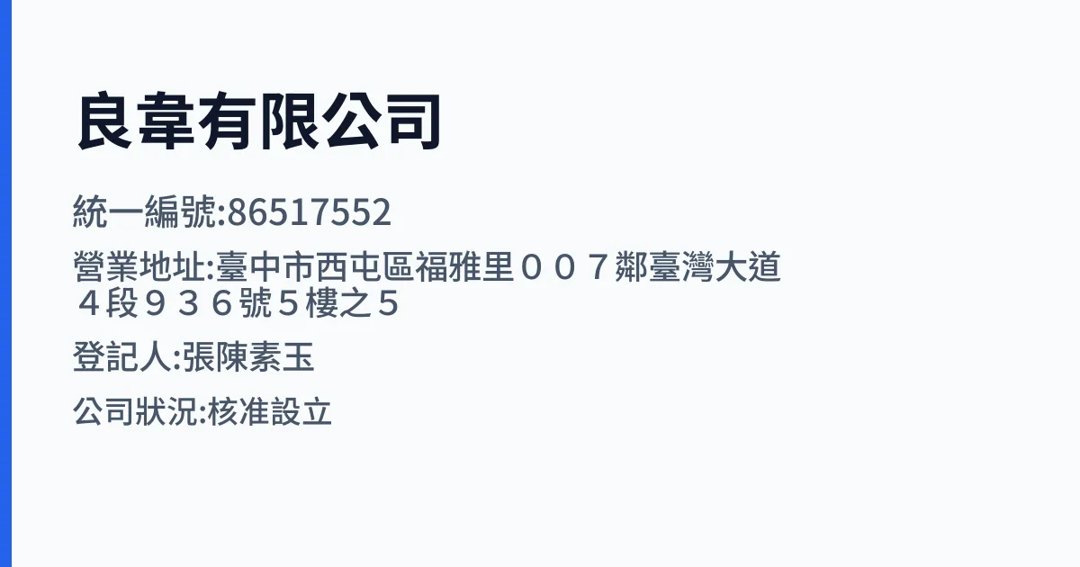 良韋有限公司 - 統編 86517552(臺中市) 公司登記資料與營業項目詳細圖表