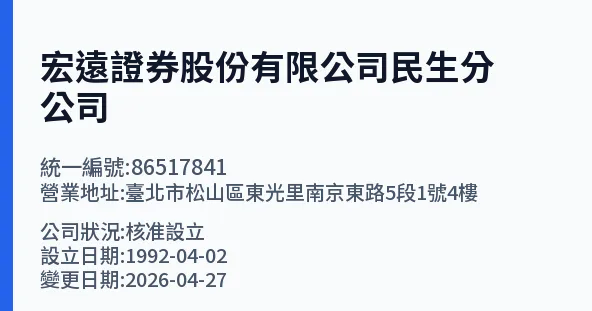 宏遠證券股份有限公司民生分公司的照片-統編 86517841(臺北市) 公司登記資料與營業項目詳細圖表