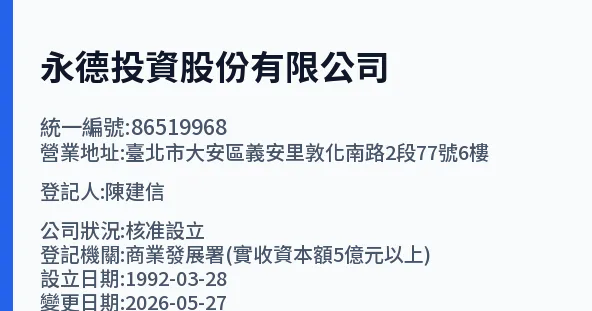 永德投資股份有限公司的照片-統編 86519968(臺北市) 公司登記資料與營業項目詳細圖表