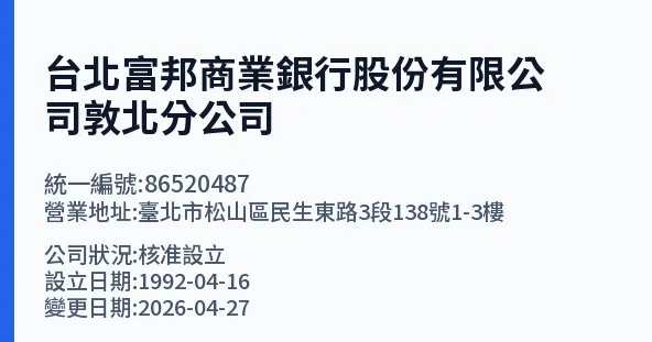 台北富邦商業銀行股份有限公司敦北分公司的照片-統編 86520487(臺北市) 公司登記資料與營業項目詳細圖表