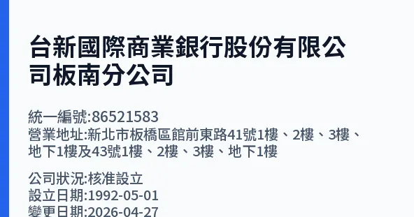台新國際商業銀行股份有限公司板南分公司的照片-統編 86521583(新北市) 公司登記資料與營業項目詳細圖表