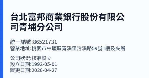 台北富邦商業銀行股份有限公司青埔分公司的照片-統編 86521731(桃園市) 公司登記資料與營業項目詳細圖表