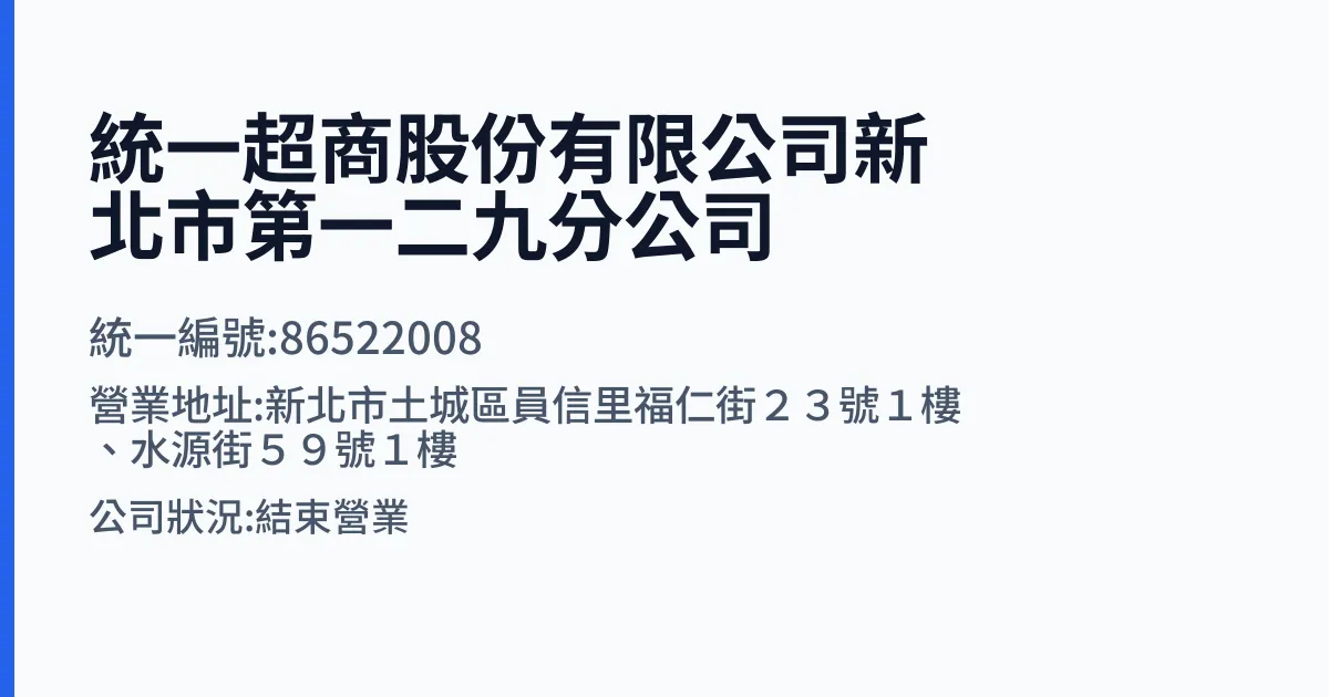 統一超商股份有限公司新北市第一二九分公司 - 統編 86522008(新北市) 公司登記資料與營業項目詳細圖表