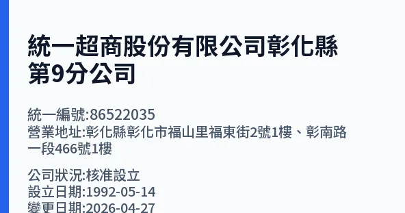 統一超商股份有限公司彰化縣第9分公司的照片-統編 86522035(彰化縣) 公司登記資料與營業項目詳細圖表