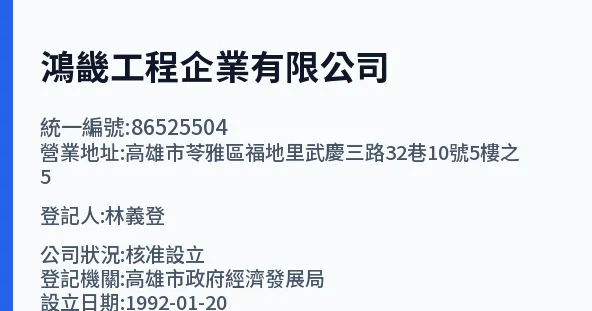 鴻畿工程企業有限公司的照片-統編 86525504(高雄市) 公司登記資料與營業項目詳細圖表