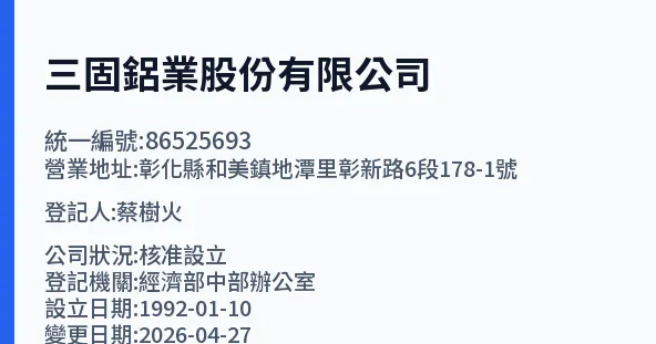 三固鋁業股份有限公司的照片-統編 86525693(彰化縣) 公司登記資料與營業項目詳細圖表