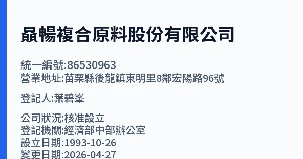贔暢複合原料股份有限公司的照片-統編 86530963(苗栗縣) 公司登記資料與營業項目詳細圖表