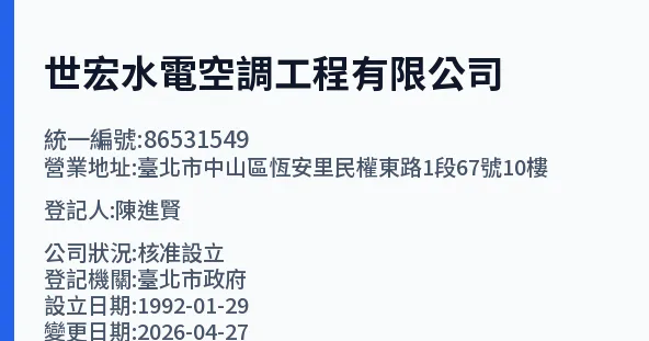 世宏水電空調工程有限公司的照片-統編 86531549(臺北市) 公司登記資料與營業項目詳細圖表