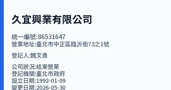 久宜興業有限公司的照片-統編 86531647(臺北市) 公司登記資料與營業項目詳細圖表