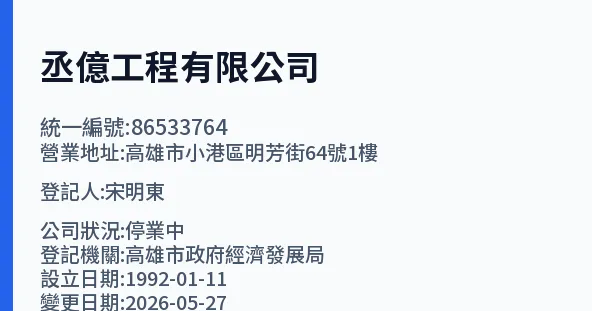 丞億工程有限公司的照片-統編 86533764(高雄市) 公司登記資料與營業項目詳細圖表