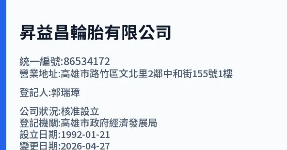 昇益昌輪胎有限公司的照片-統編 86534172(高雄市) 公司登記資料與營業項目詳細圖表