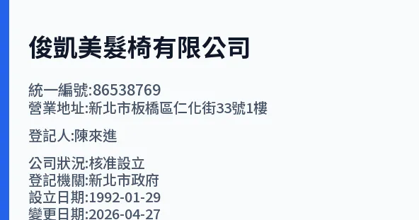 俊凱美髮椅有限公司的照片-統編 86538769(新北市) 公司登記資料與營業項目詳細圖表