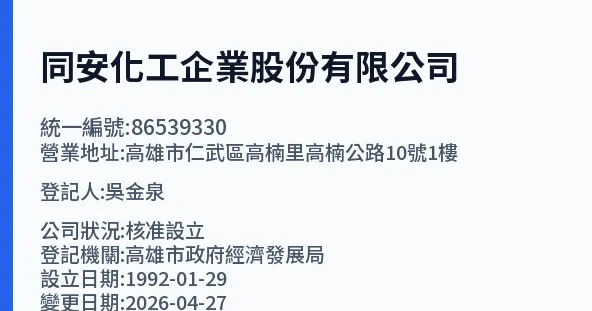 同安化工企業股份有限公司的照片-統編 86539330(高雄市) 公司登記資料與營業項目詳細圖表