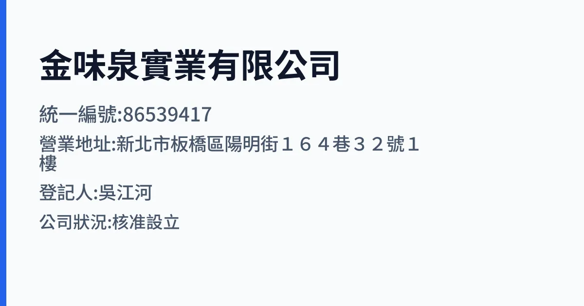 金味泉實業有限公司 - 統編 86539417(新北市) 公司登記資料與營業項目詳細圖表