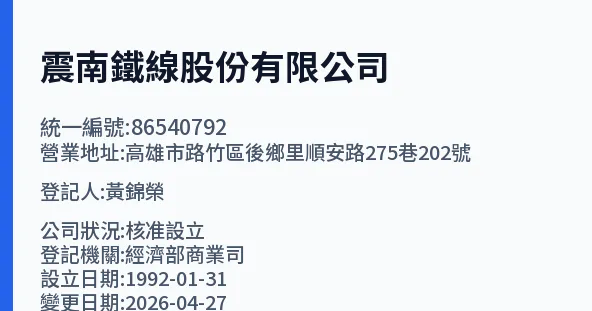 震南鐵線股份有限公司的照片-統編 86540792(高雄市) 公司登記資料與營業項目詳細圖表