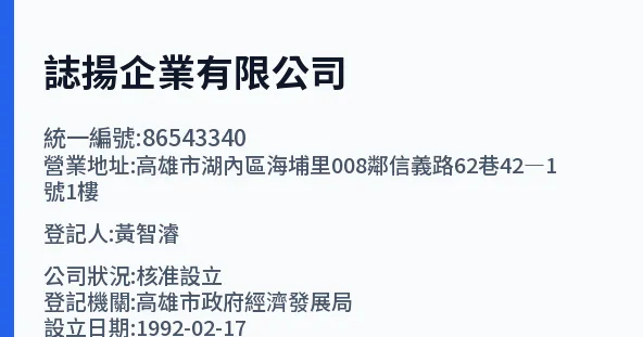 誌揚企業有限公司的照片-統編 86543340(高雄市) 公司登記資料與營業項目詳細圖表