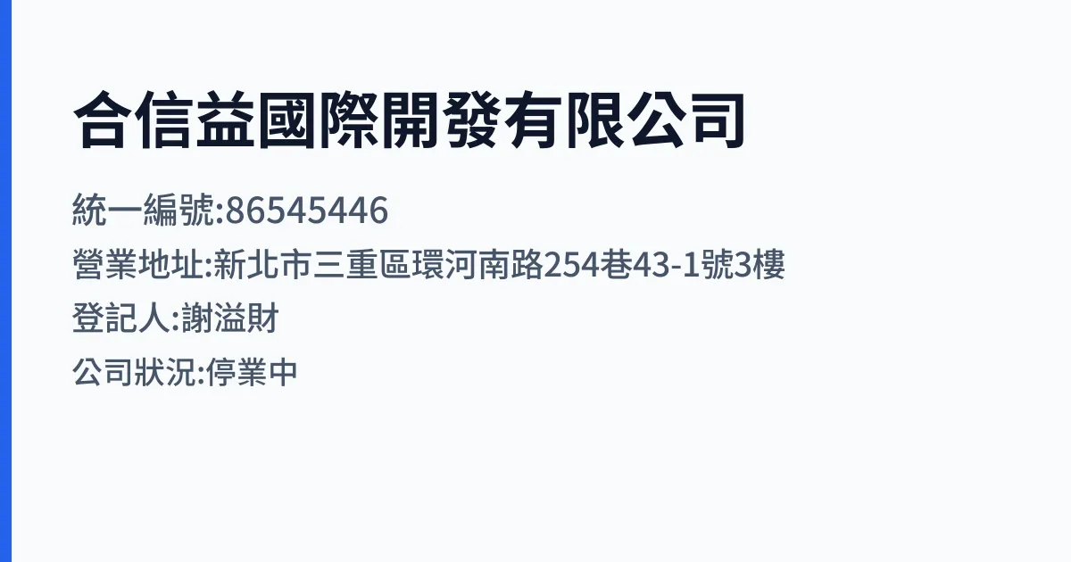 合信益國際開發有限公司 - 統編 86545446（新北市） 公司登記資料與營業項目詳細圖表